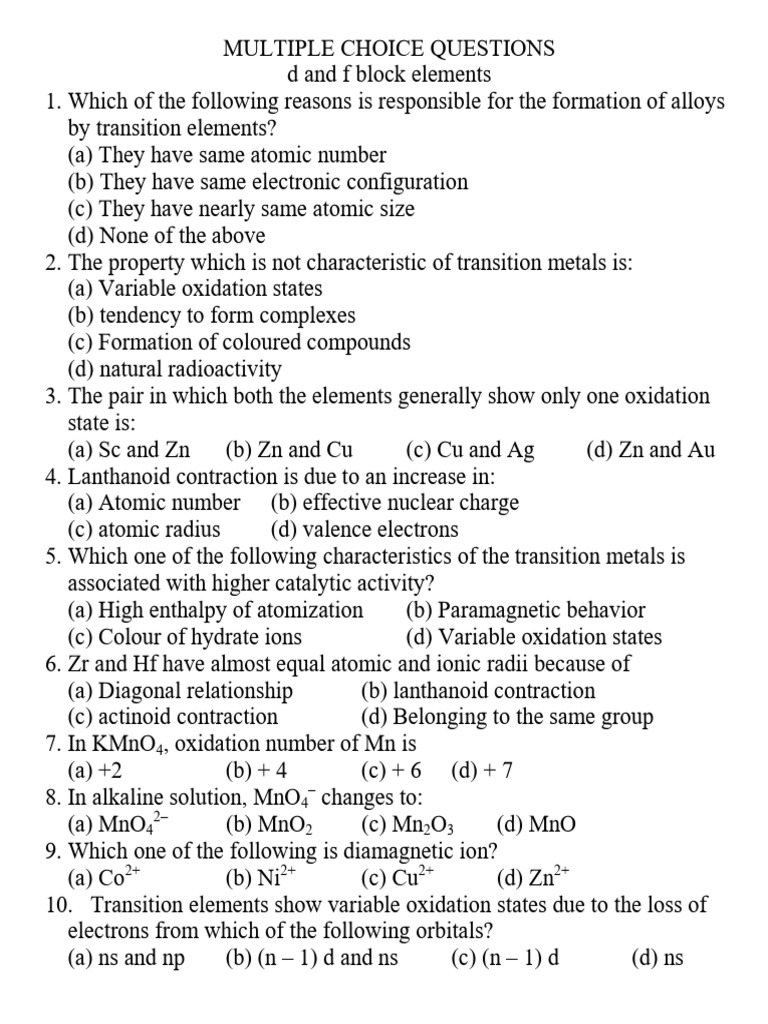 Transition Elements MCQs for Chemistry | PDF | Transition Metals | Ion