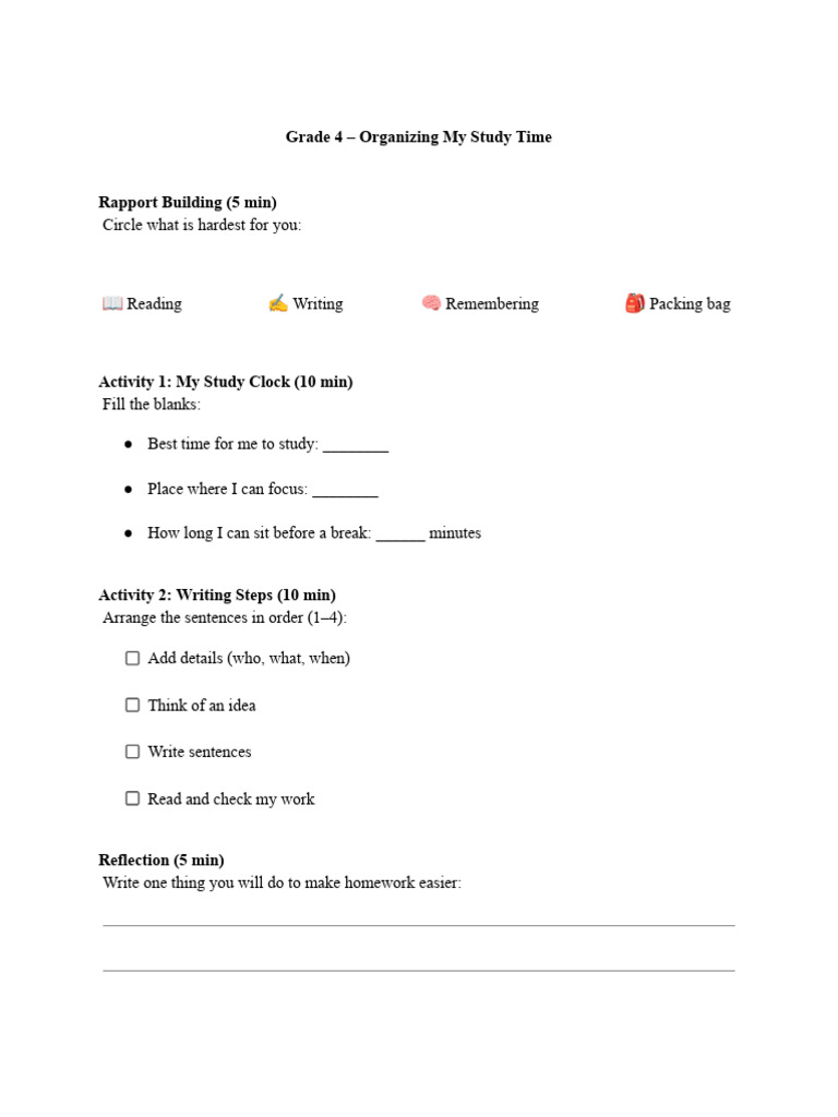 Grade 4 Study Time Organization Guide | PDF