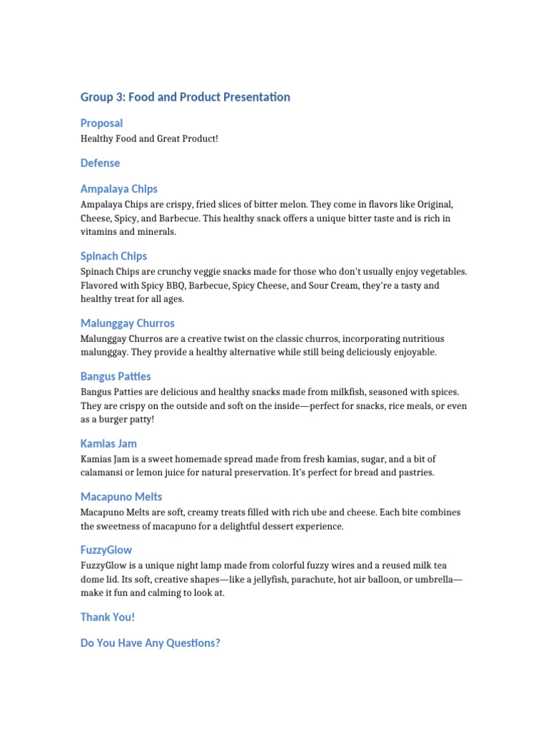 Group 3 Food and Product Presentation | PDF