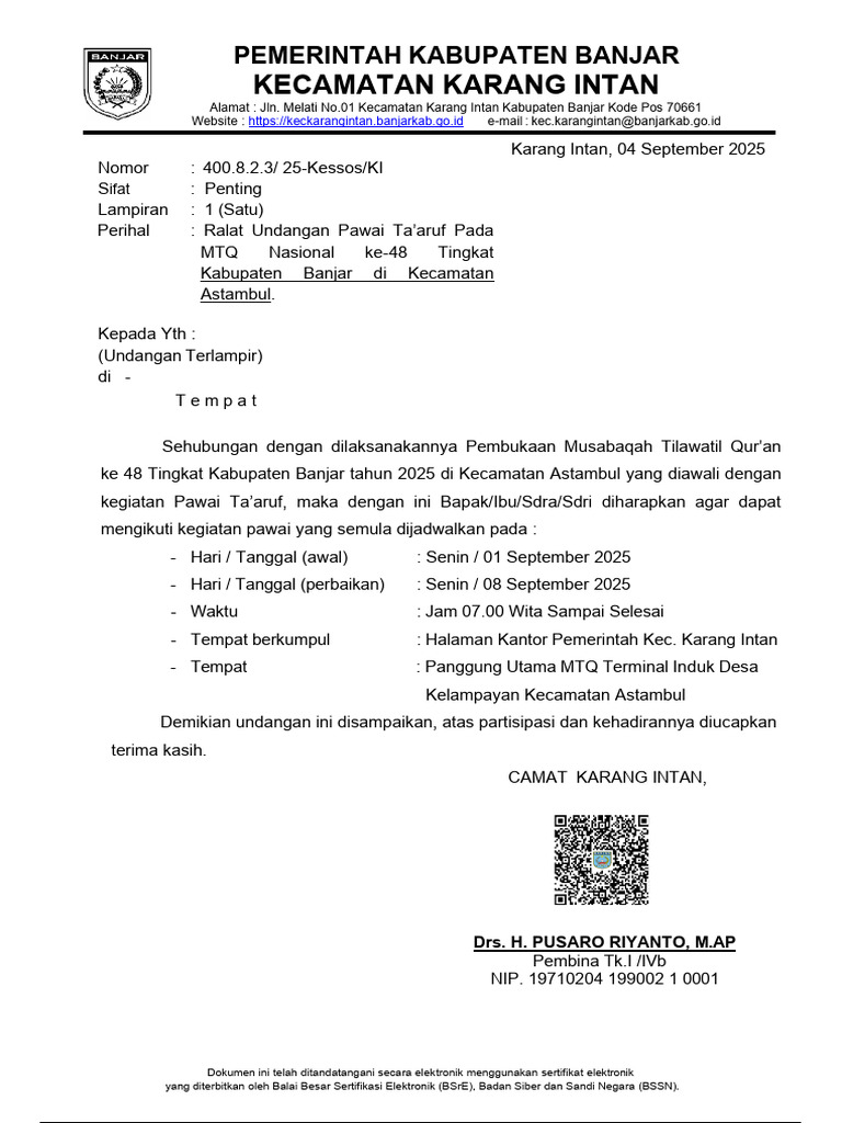 Ralat Undangan Pawai Ta’aruf MTQ 2025 | PDF