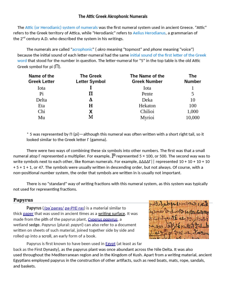 Greek Attic Numerals and Papyrus | PDF | Papyrus | Egyptology
