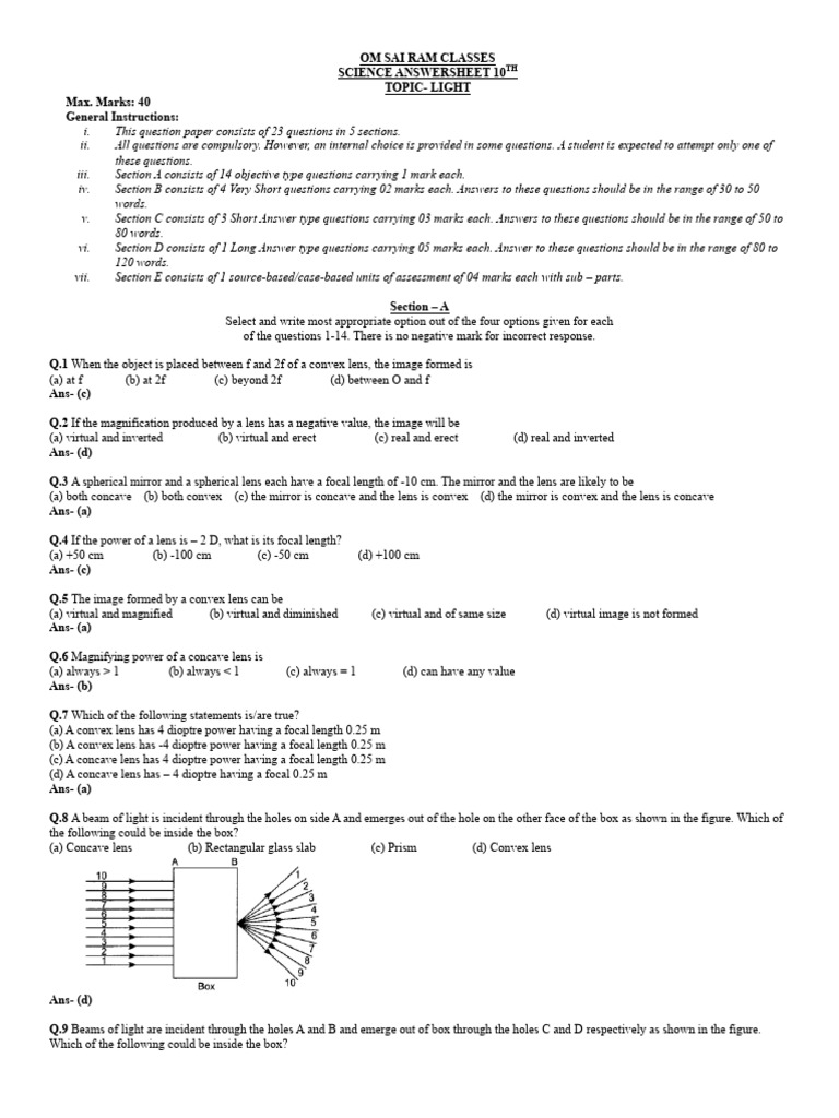 Science Answersheet 10th Refraction of Light | PDF | Refractive Index | Optics