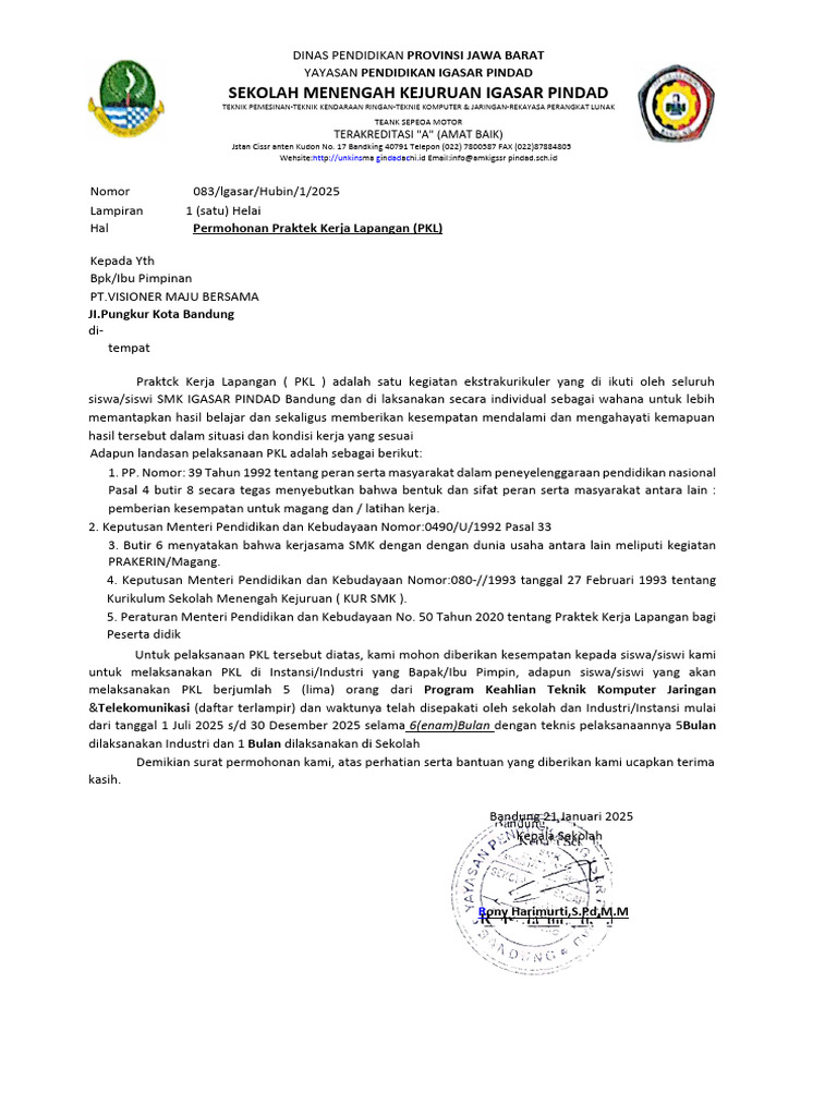 Surat Pengajuan PKL | PDF