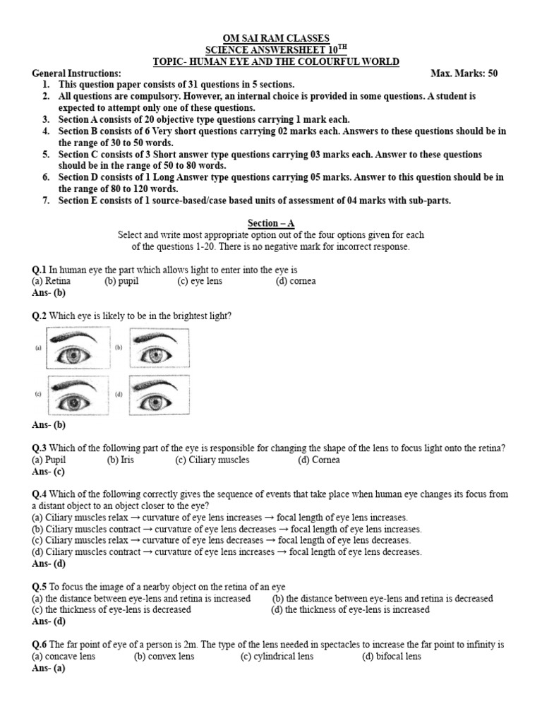 Science Answersheet 10th Human Eye and The Colourful World | PDF | Eye ...
