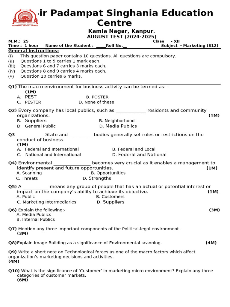 Class XII Marketing Test Paper 2024-25 | PDF | Financial Economics ...
