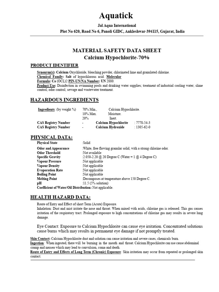 Calcium Hypochlorite MSDS Overview | PDF | Chlorine | Water