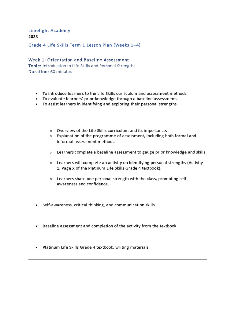 Grade 4 Life Skills Term 1 Plans | PDF | Reading Comprehension ...