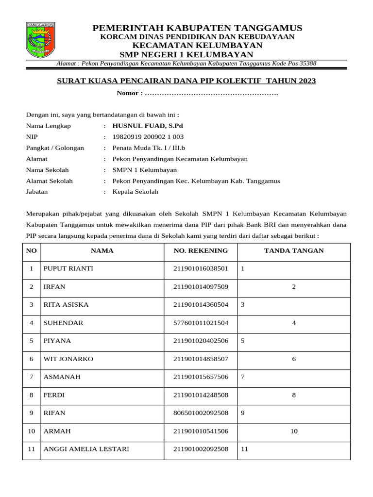 Surat Kuasa Pencairan Dana PIP 2023 | PDF