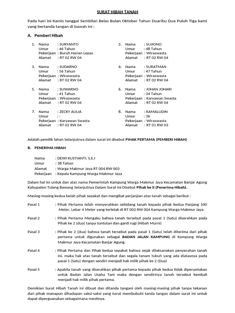 Surat Hibah Tanah untuk Badan Jalan | PDF