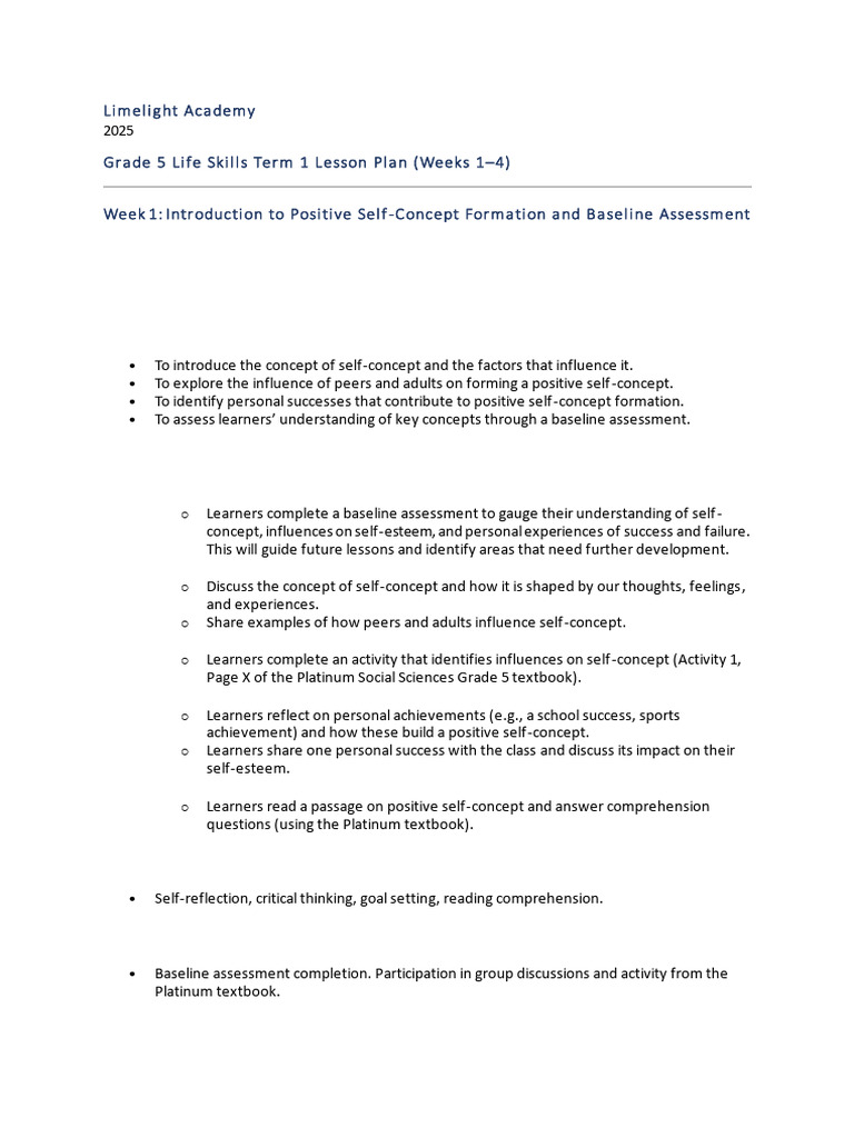 Grade 5 Life Skills: Self-Concept & Feedback | PDF | Self Concept ...