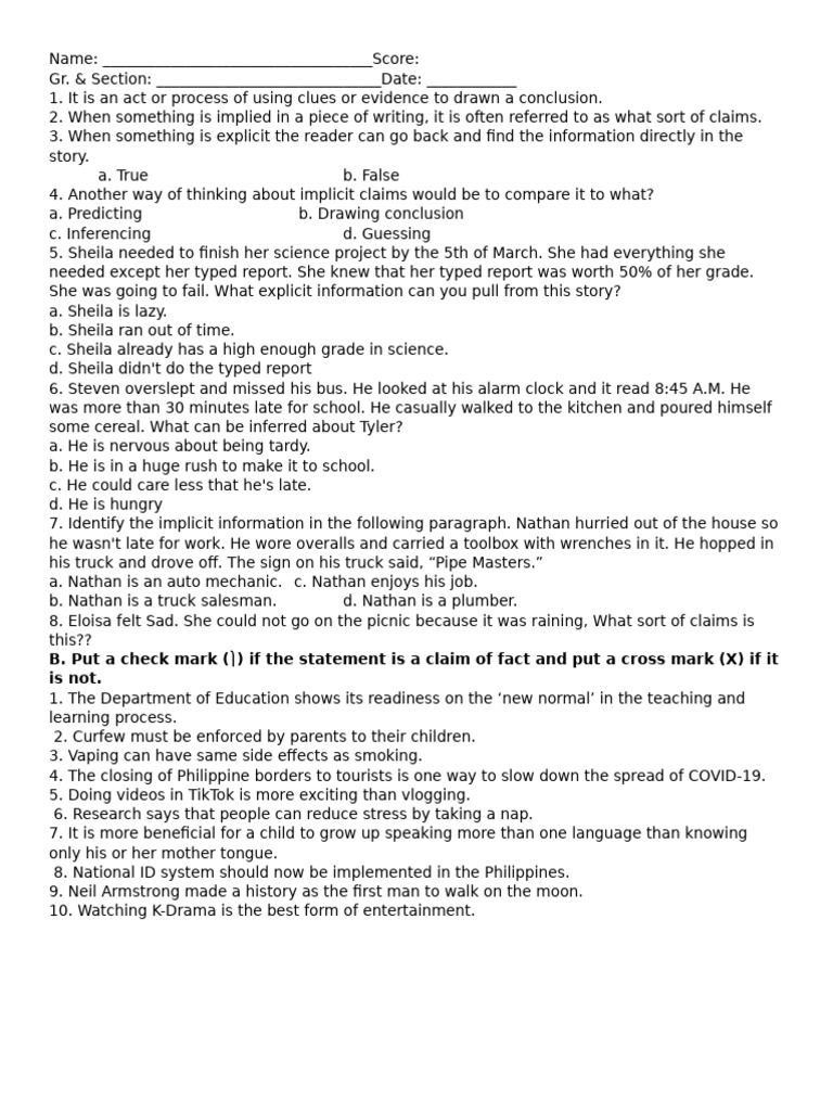 Implicit vs. Explicit Claims Worksheet | PDF