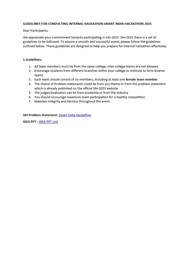 SIH 2025 Internal Hackathon Guidelines | PDF
