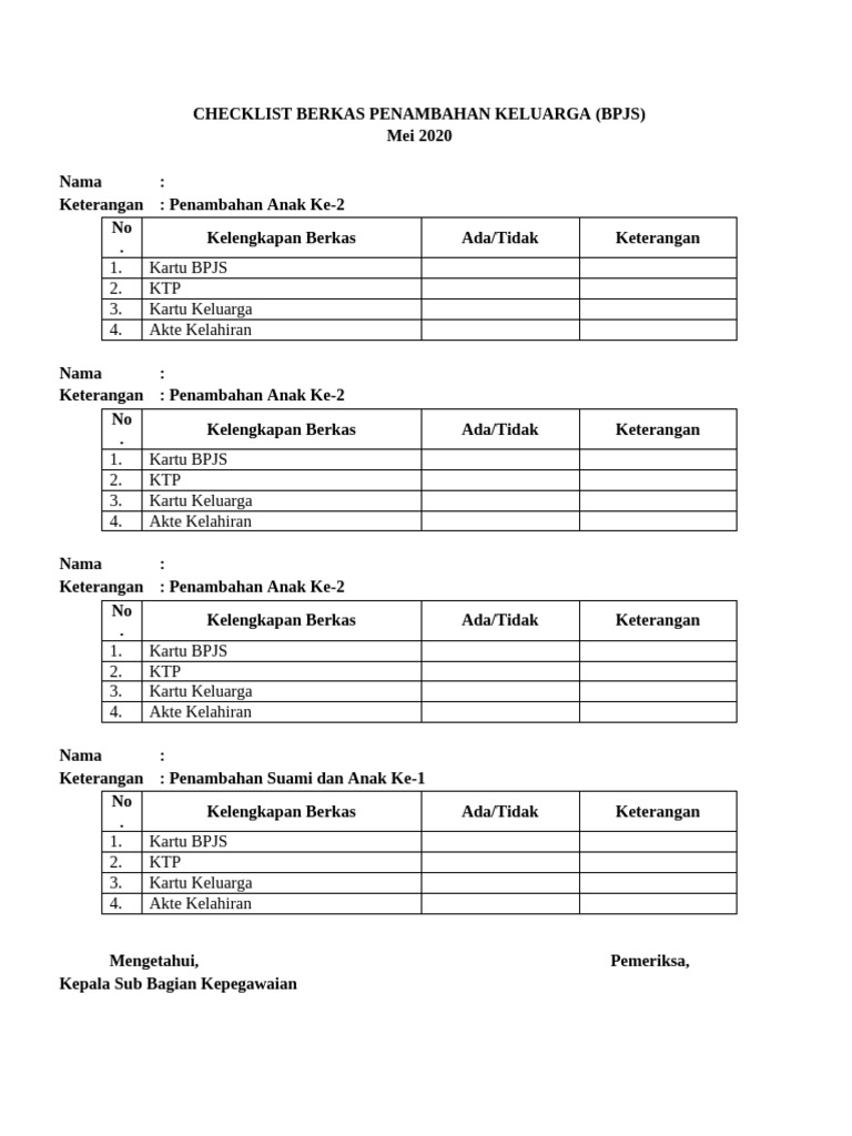 Checklist Berkas Bpjs | PDF