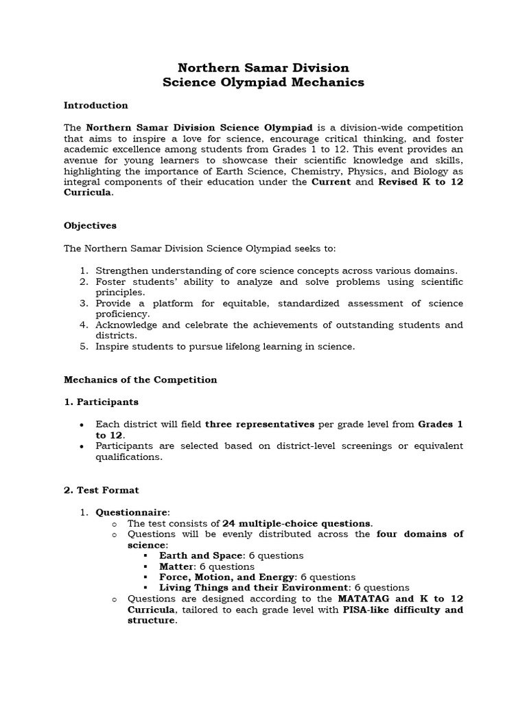 Northern Samar Science Olympiad Guide | PDF | Science | Curriculum