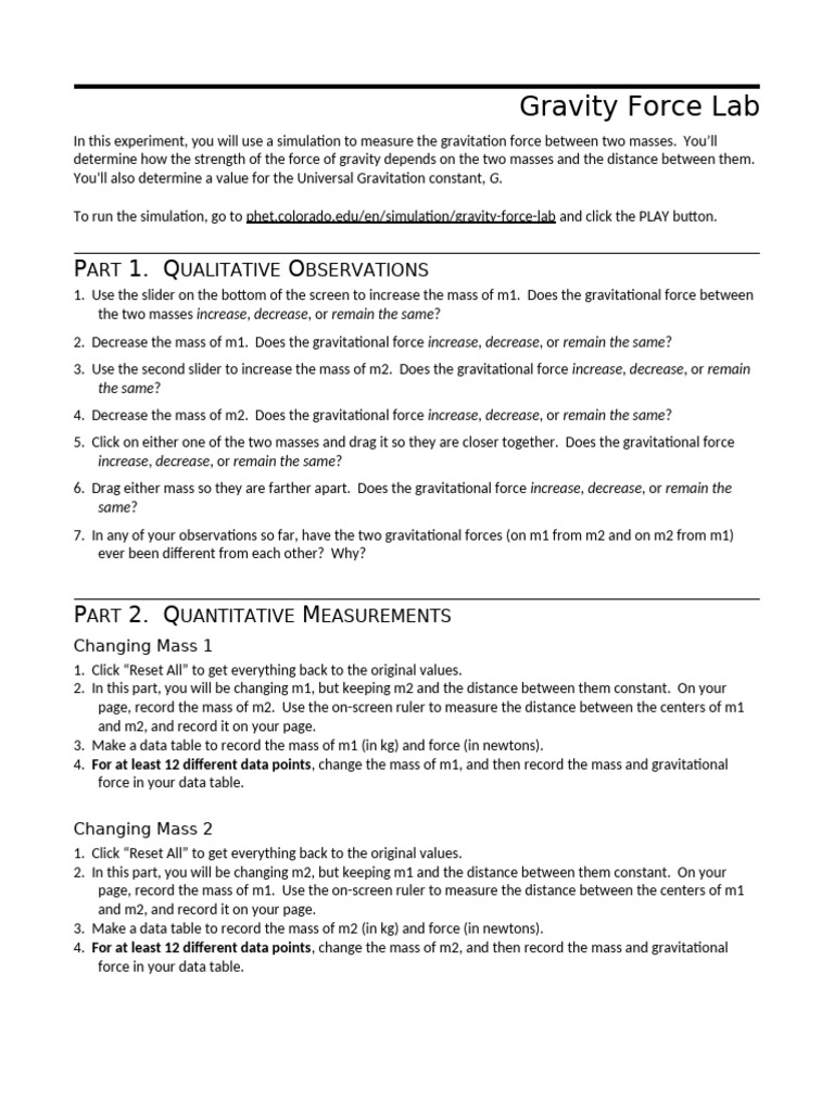 9.1 Lab Phet Grav Force | PDF | Mass | Force