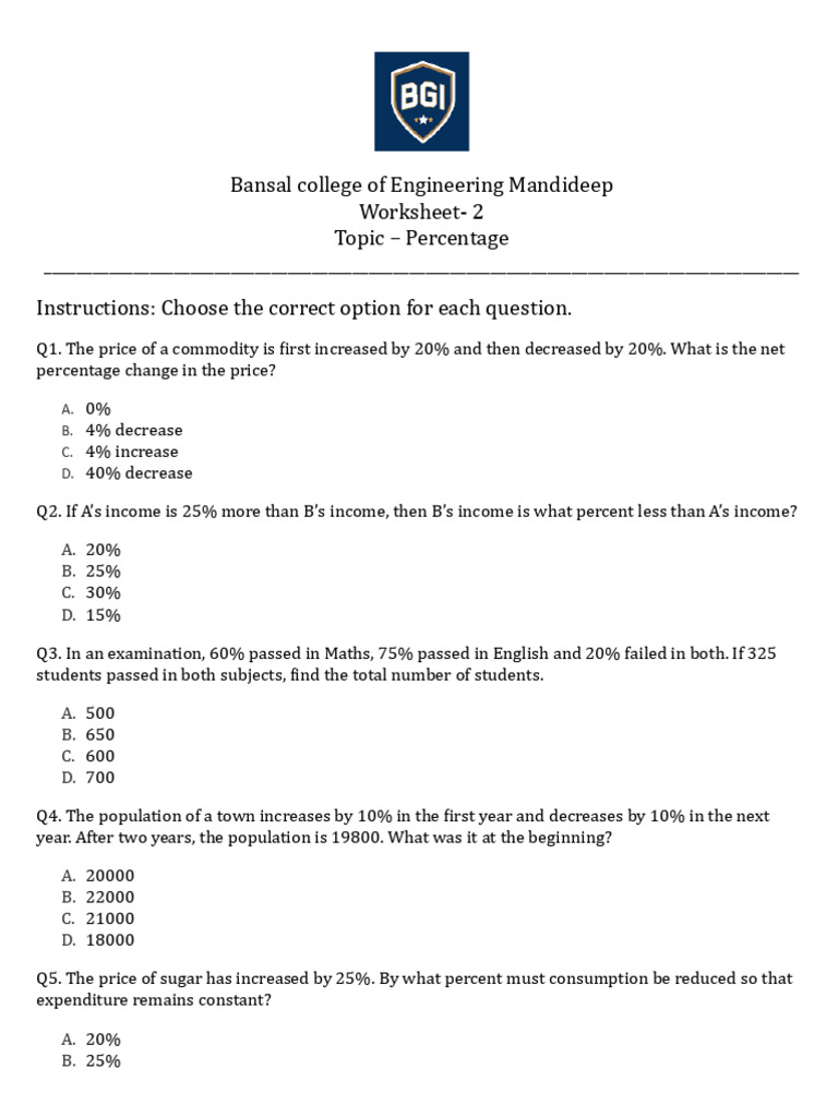Percentage Worksheet - 2 | PDF | Economies