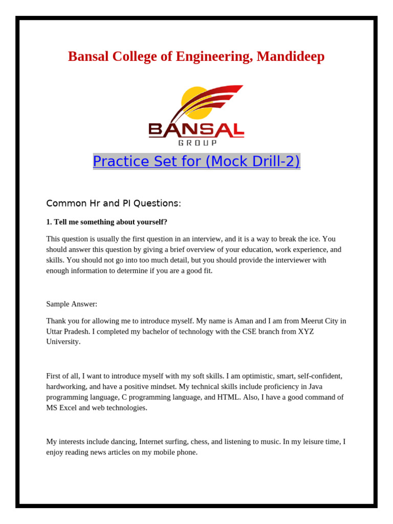 HR Interview Questions for Freshers | PDF | Interview | Knowledge