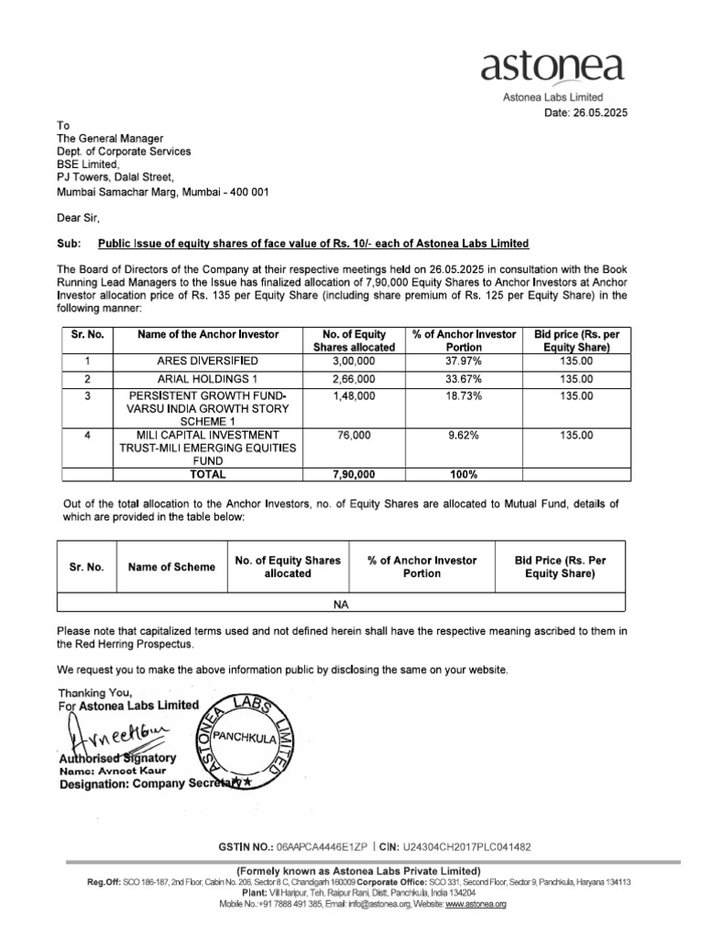 Anchor Allocation Letter Astonea Labs LTD | PDF