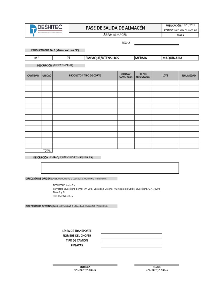 Sqf Gbl Fr Alm 02 Formato Pase De Salida De Almacén Pdf