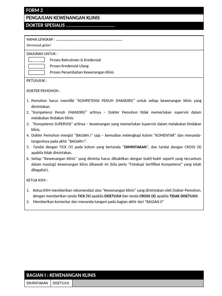Form Pengajuan Kewenangan Klinis Dokter | PDF