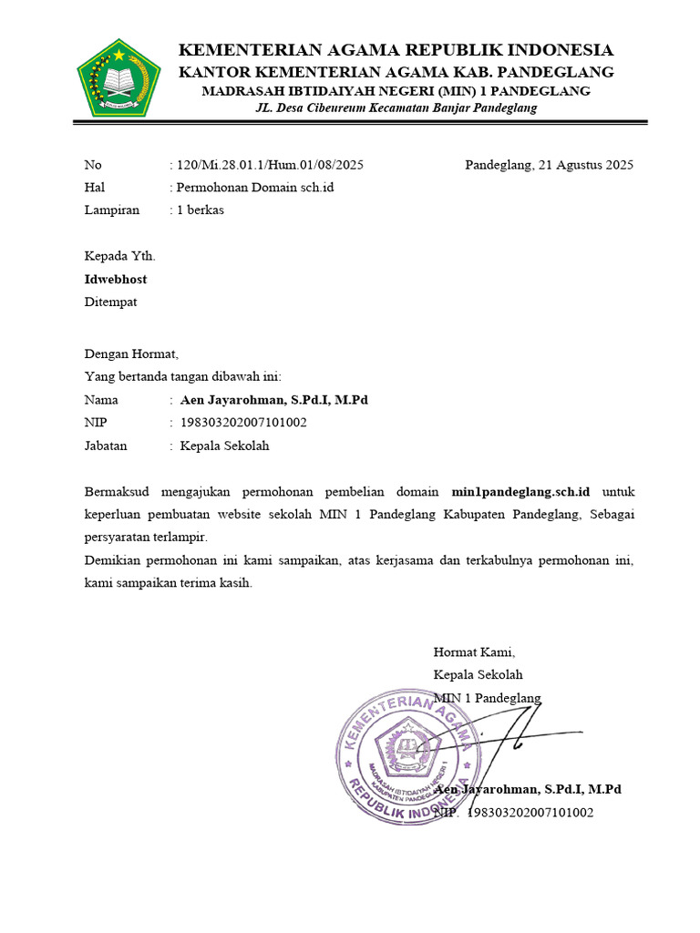 Contoh Surat Permohonan Web Sekolah .SCH - Id | PDF
