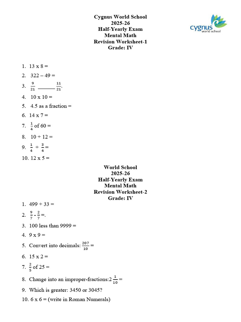 Grade IV Mental Math Exam Worksheets | PDF