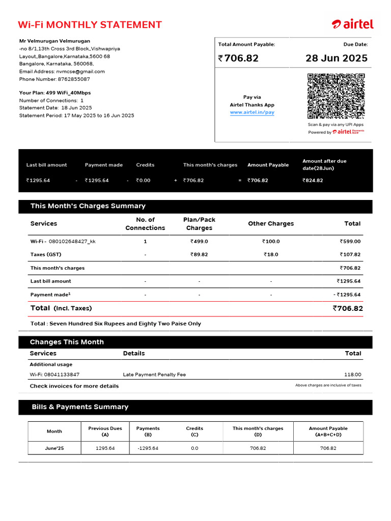 Wi-Fi Monthly Statement: This Month's Charges Summary | PDF | Payments ...