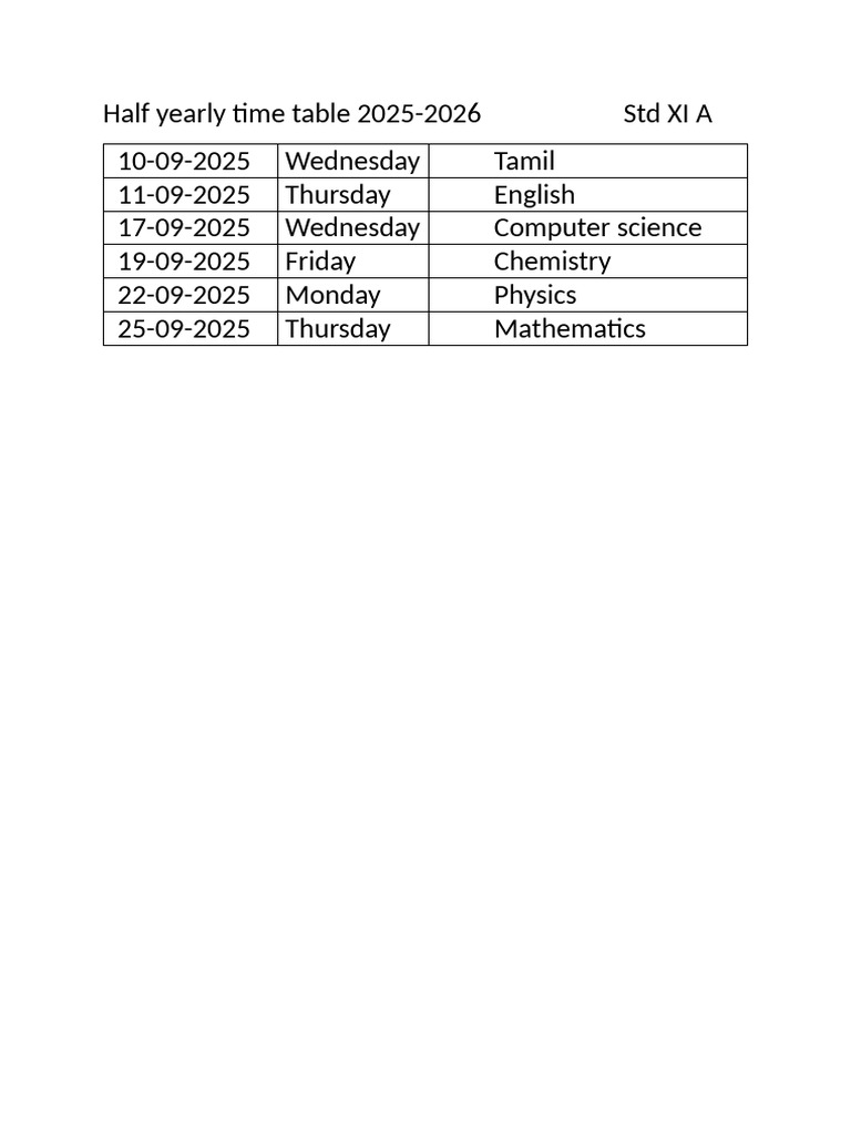 Half Yearly Time Table 2025 | PDF