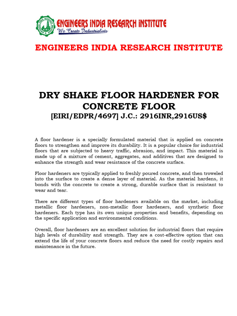Detailed Project Report On DRY SHAKE FLOOR HARDENER FOR CONCRETE FLOOR ...