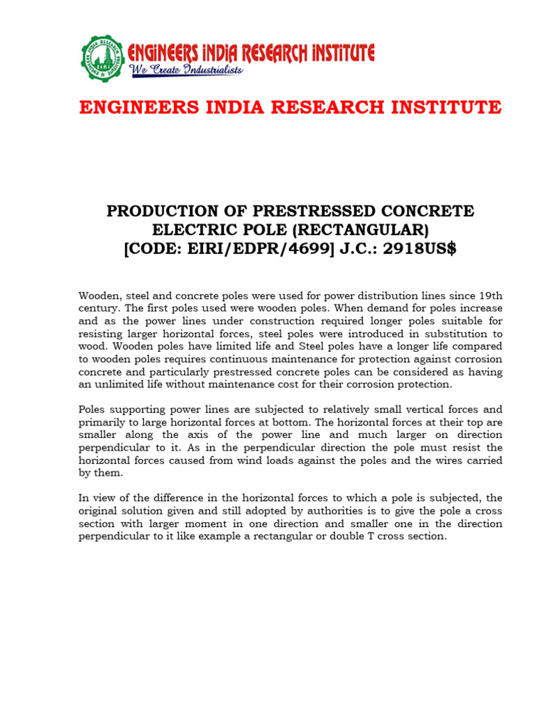 Detailed Project Report On PRODUCTION OF PRESTRESSED CONCRETE ELECTRIC ...