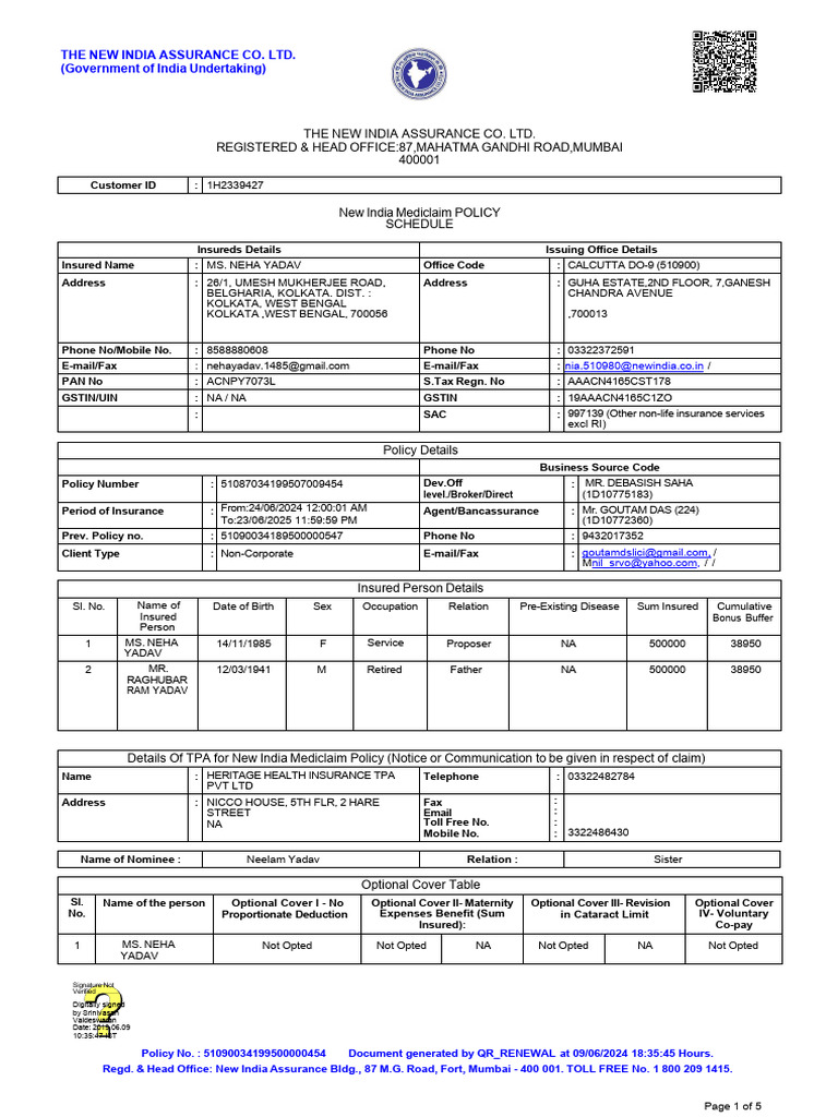 New India Mediclaim Policy Schedule | PDF | Insurance | Financial Services
