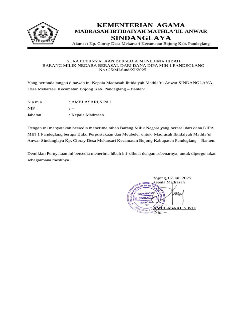 Surat Pernyataan Hibah Madrasah | PDF