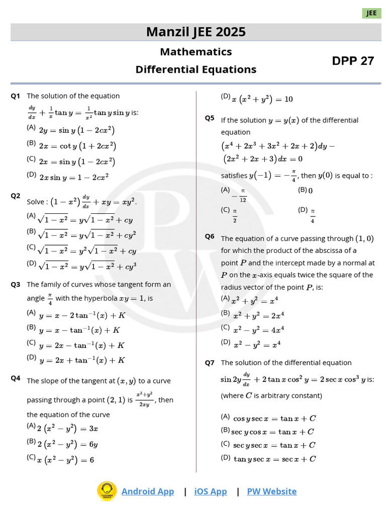DPP 27 - Differential Equations - Manzil JEE 2025 | PDF | Tangent | Analytic Geometry