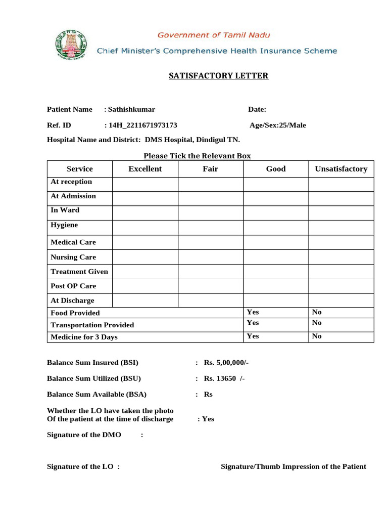 Satisfactory Letter DMS Hospital | PDF