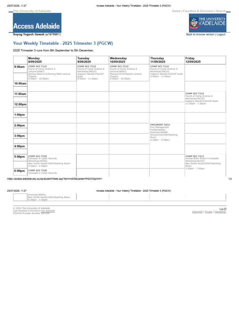 Adelaide Uni Timetable Trimester 3 2025 | PDF