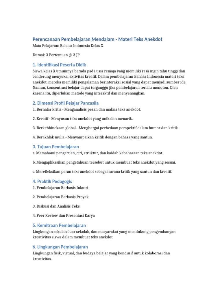 Perencanaan Pembelajaran Teks Anekdot | PDF