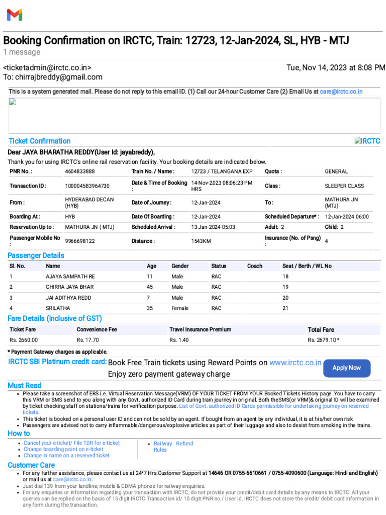 Gmail - Booking Confirmation On IRCTC, Train - 12723, 12-Jan-2024, SL ...
