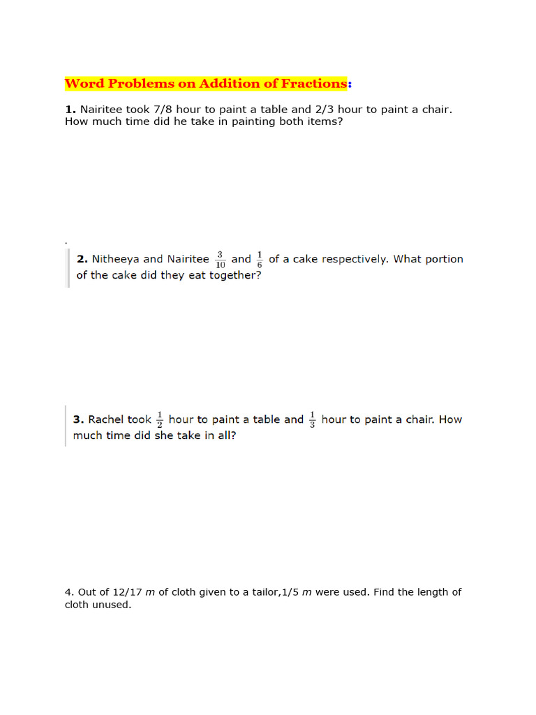 Word Problems On Addition of Fractions | PDF