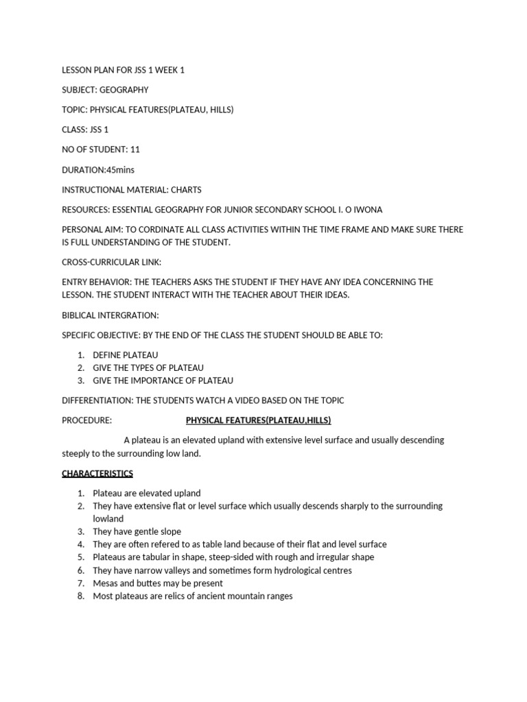 Lesson Plan For JSS 1 Week 1 | PDF | Plateau | Volcano