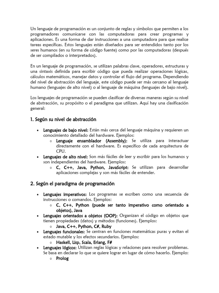 Tipos de lenguajes de programación | PDF | Lenguaje de programación ...