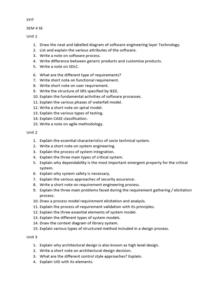 Question Bank SYIT SEM 4 SE | PDF | Software Development Process | Systems Thinking