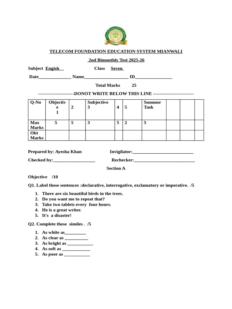 Class 7sub Eng 2nd Bimonthly Test | PDF
