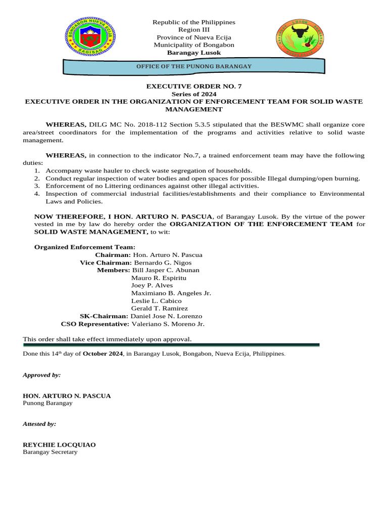 E.O Re-Organization of Enforcement Team Solid Waste Management | PDF