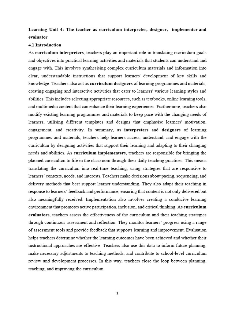 Learning Unit 4 - The Teacher As Curriculum Interpreter, Designer and ...