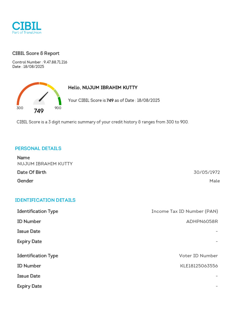CIBIL Score Report for Nujum Ibrahim Kutty | PDF | Finance & Money ...