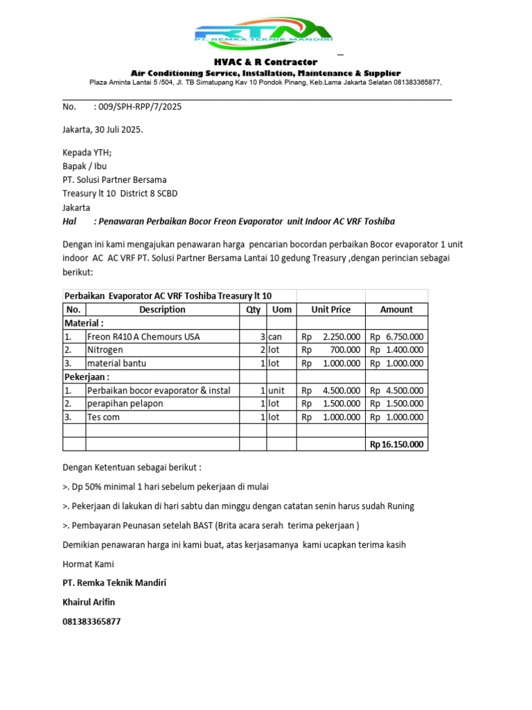 Penawaran Perbaikan Evaporator AC VRF | PDF
