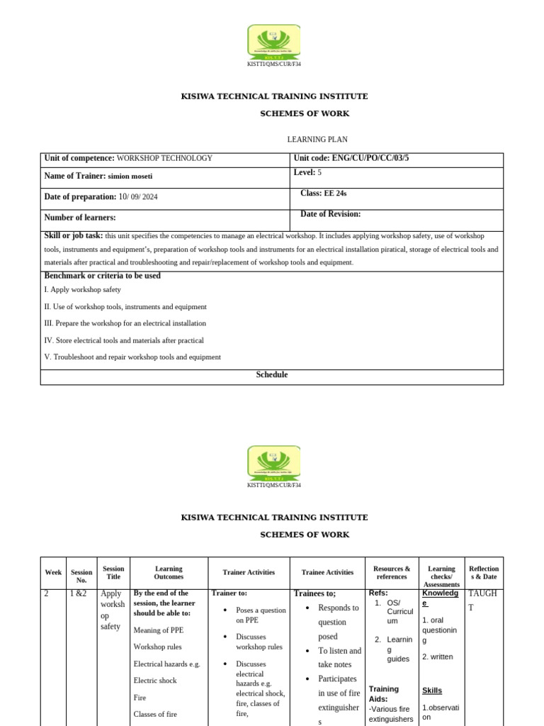 Workshop Technology Training Plan | PDF
