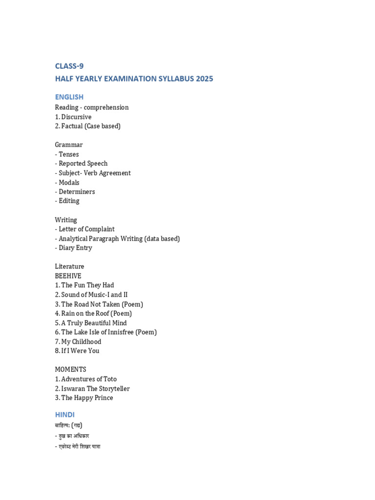 Class 9 Half Yearly Syllabus 2025 | PDF