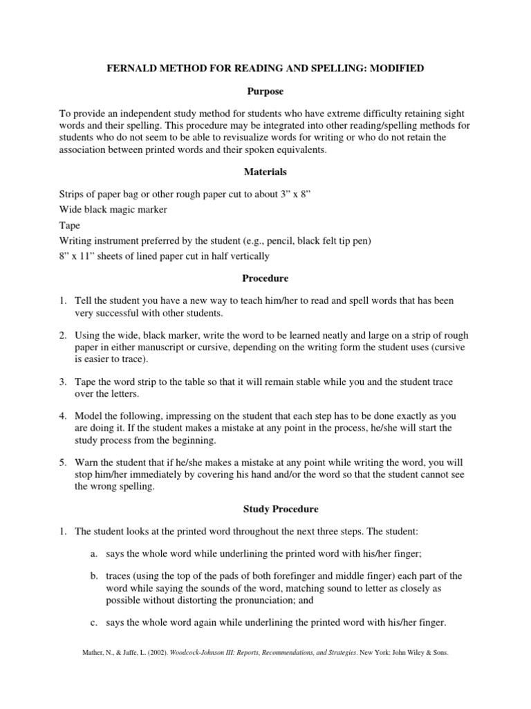 Fernald Method for Spelling Mastery | PDF | Spelling | Reading (Process)