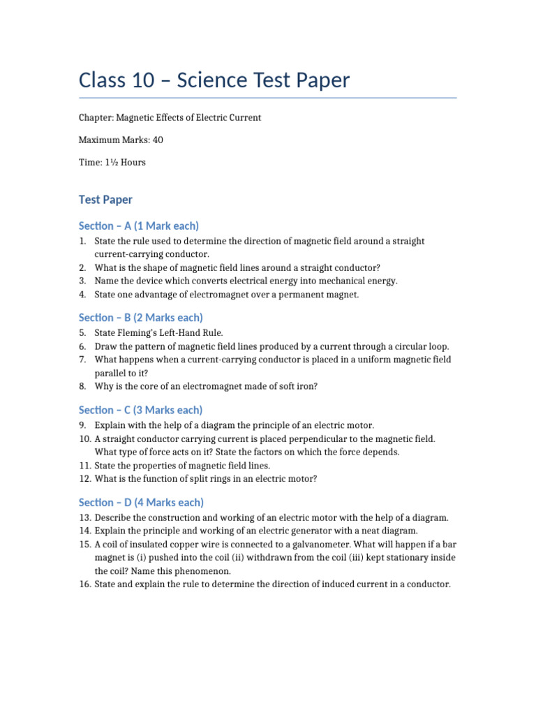 Class 10 Science: Magnetic Effects Test | PDF | Electric Motor ...